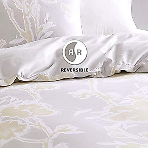 INTELLIGENT DESIGN Reversible 100% Cotton Sateen Duvet - Breathable Comforter Cover, Modern All Season Bedding Set with Sham (Insert Excluded), Tanet, Flower Grey King/Cal King(104"x90")