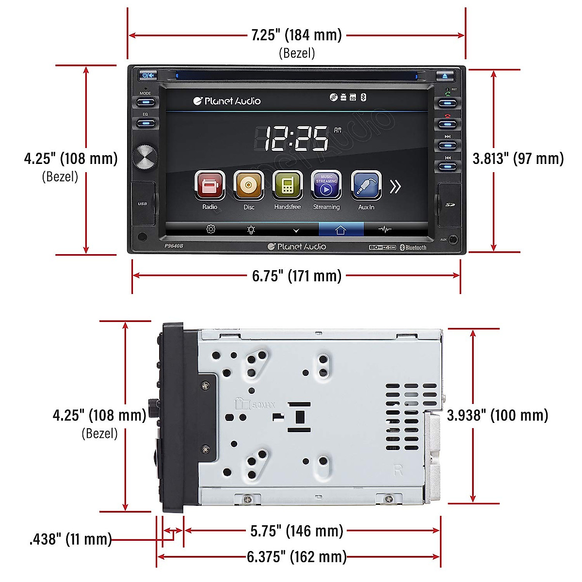 Planet Audio P9640B Car Audio Stereo System - 6.2 Inch Double Din, LCD Touchscreen, Bluetooth Audio and Hands-Free Calling, CD Player, DVD, USB, SD, AUX in, AM/FM Radio Receiver