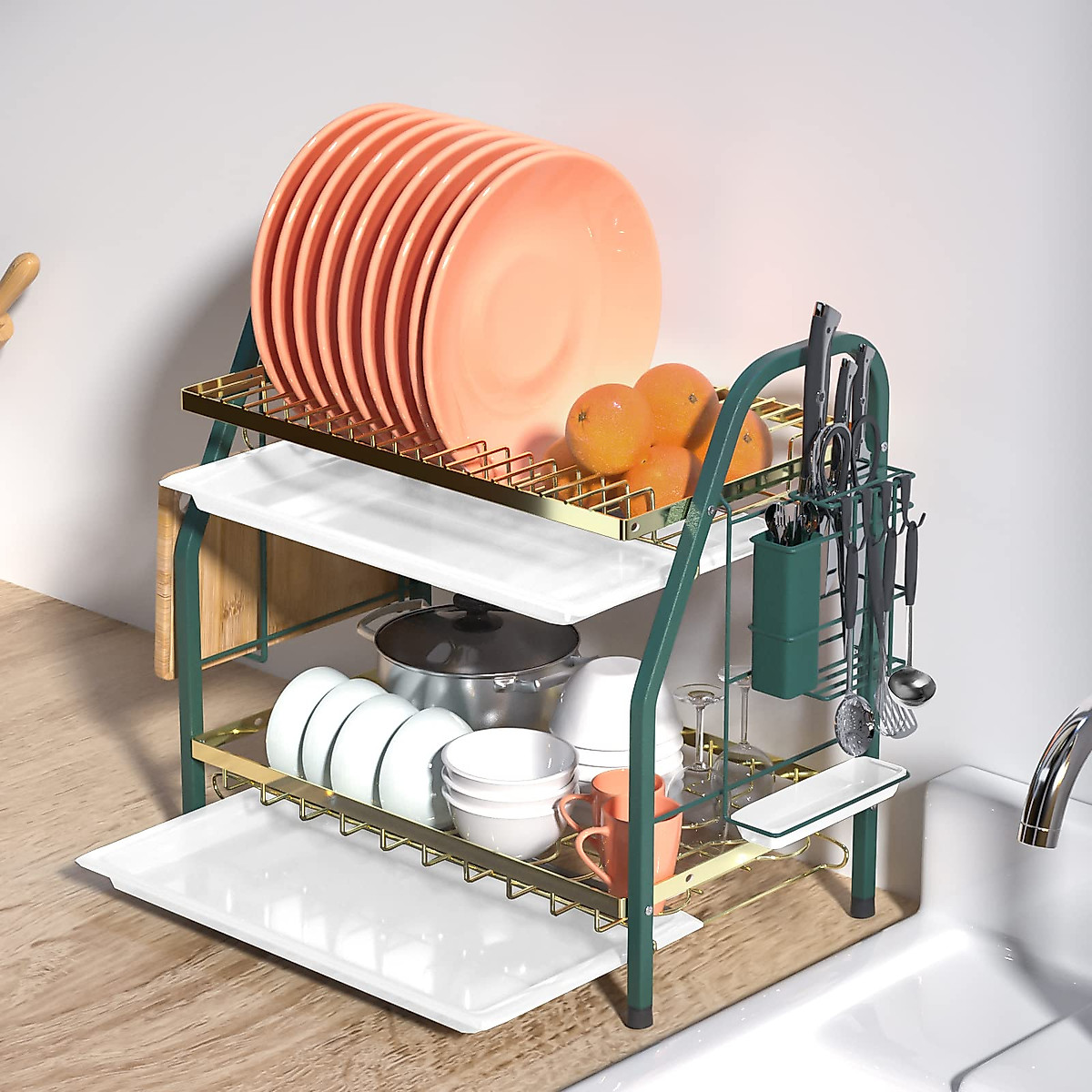 Boiarc Dish Drying Rack, 2 Tier Dish Rack for Kitchen Counter with Drainboard and Utensil Holder, Large Dish Drainer for Small Kitchen - Gold and Green¡­