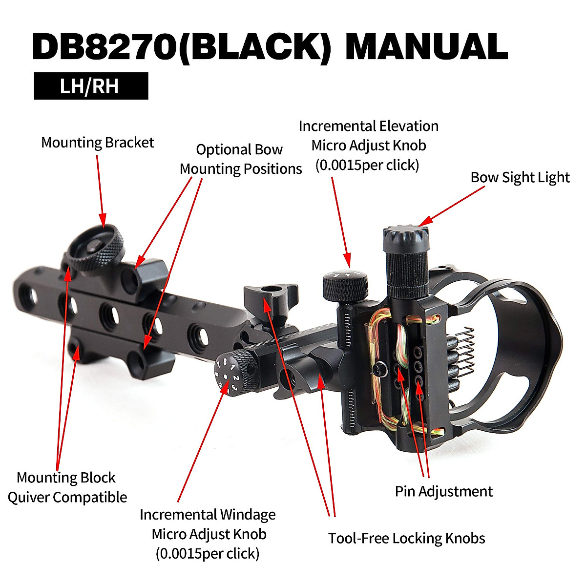 TOPOINT ARCHERY CNC Aluminum 5 Pins Or 7 Pins .019" Tool-Less Bow Sight with Micro Adjust Detachable Bracket LED Sight Light Left and Right Hand (PRO 7 PINS, Black)