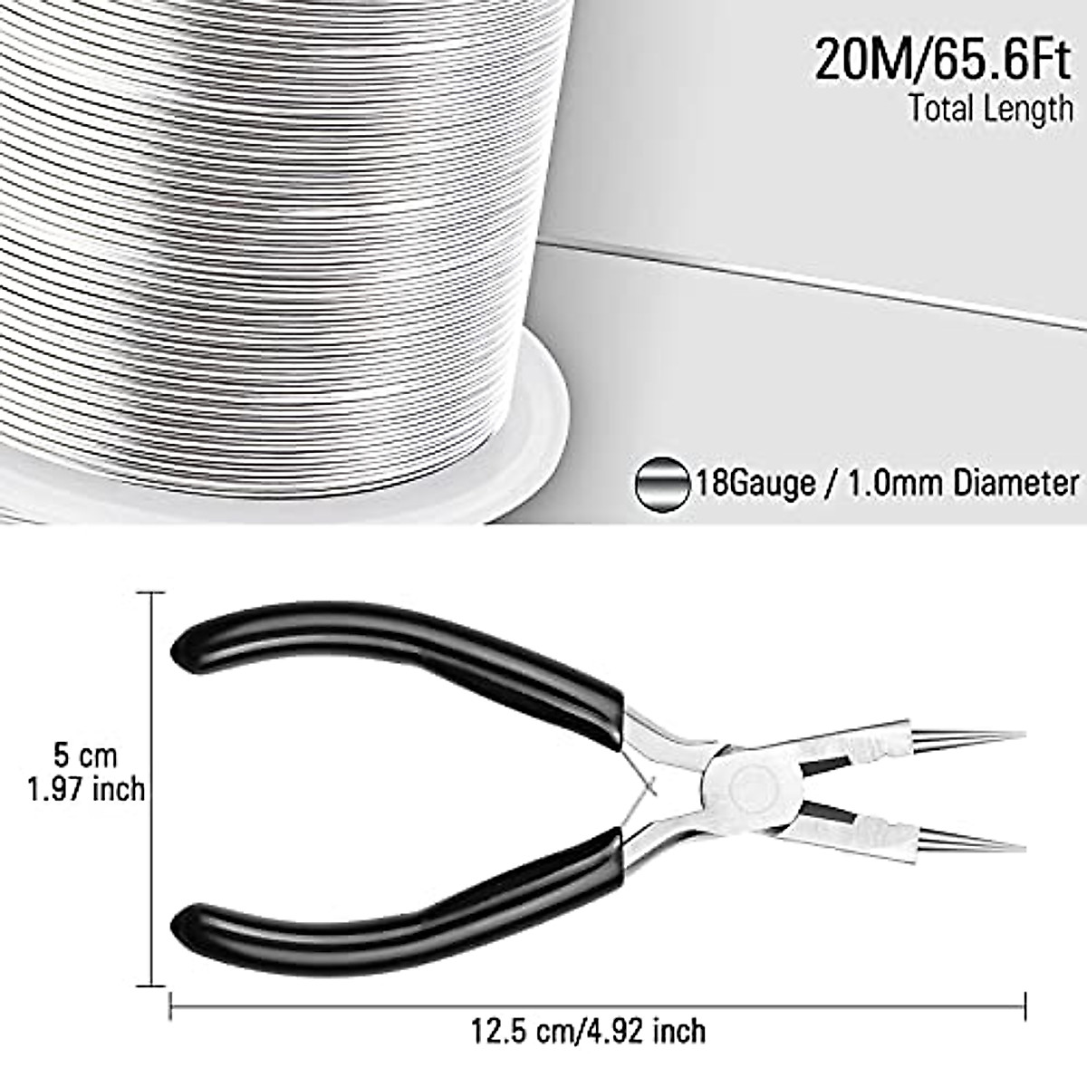 18 Gauge Silver Jewelry Wire with 4 in 1 Plier modacraft 65FT Craft Wire 1 MM Tarnish Resistant Copper Wire ​Beading Wire for Jewelry Making Supplies and Crafting