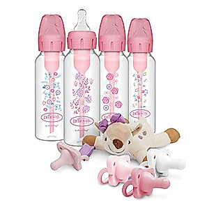 Dr. Brown’s Natural Flow® Anti-Colic Options+™ Narrow Baby Bottles 8 oz/250 mL, Pink Floral 4 Pack, with HappyPaci Pacifiers and Lovey Holder, Deer