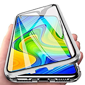EabHulie Redmi Note 9 Case, 360° Full Body Transparent Tempered Glass with Magnetic Adsorption Metal Bumper Case Cover for Xiaomi Redmi Note 9 Silver