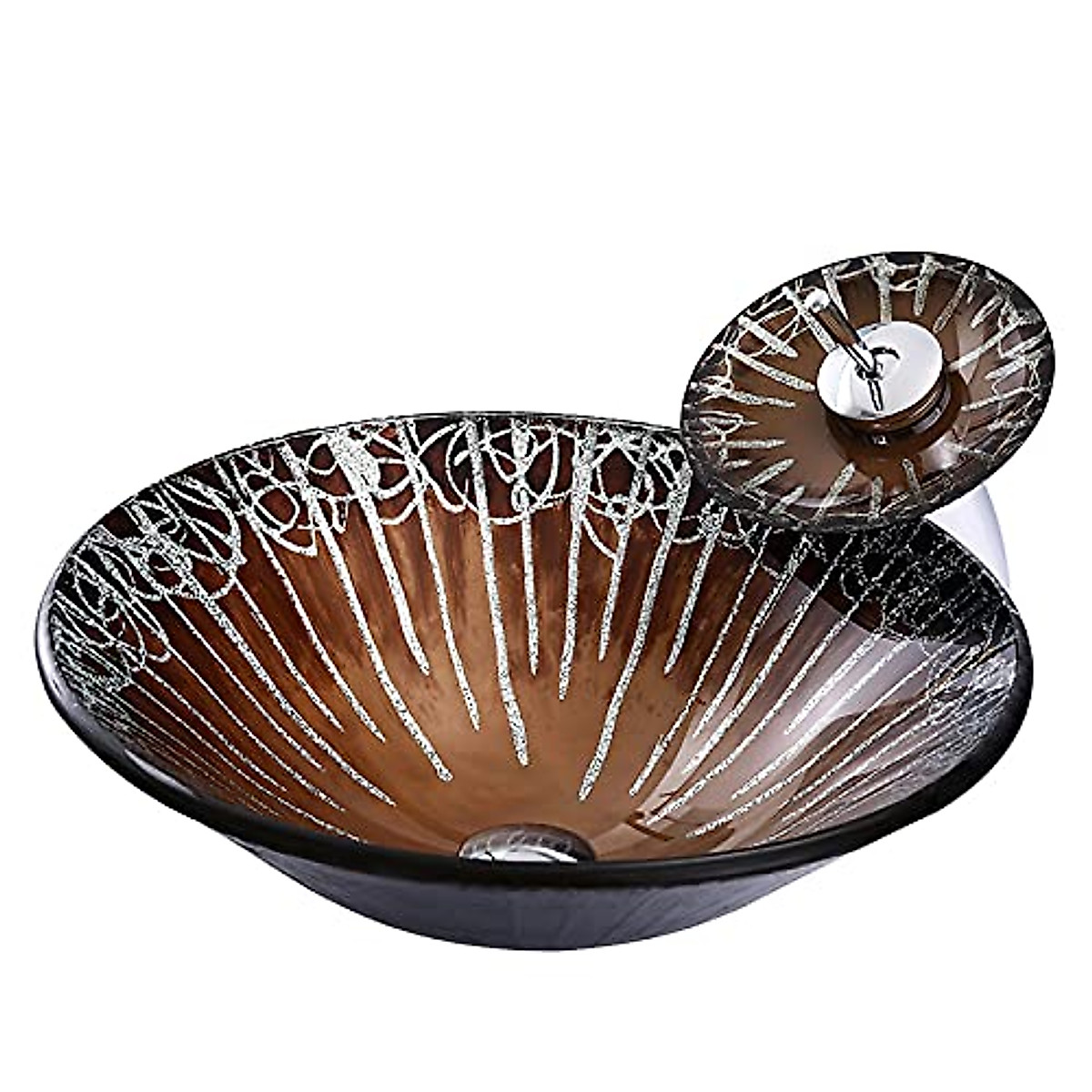Bathroom Vessel Sink Vanity Tempered Glass Vessel Bowl Sink Round Countertop Sink Bowl with Faucet and Drain Combo Above Counter Sink, Brown with Silver Pattern