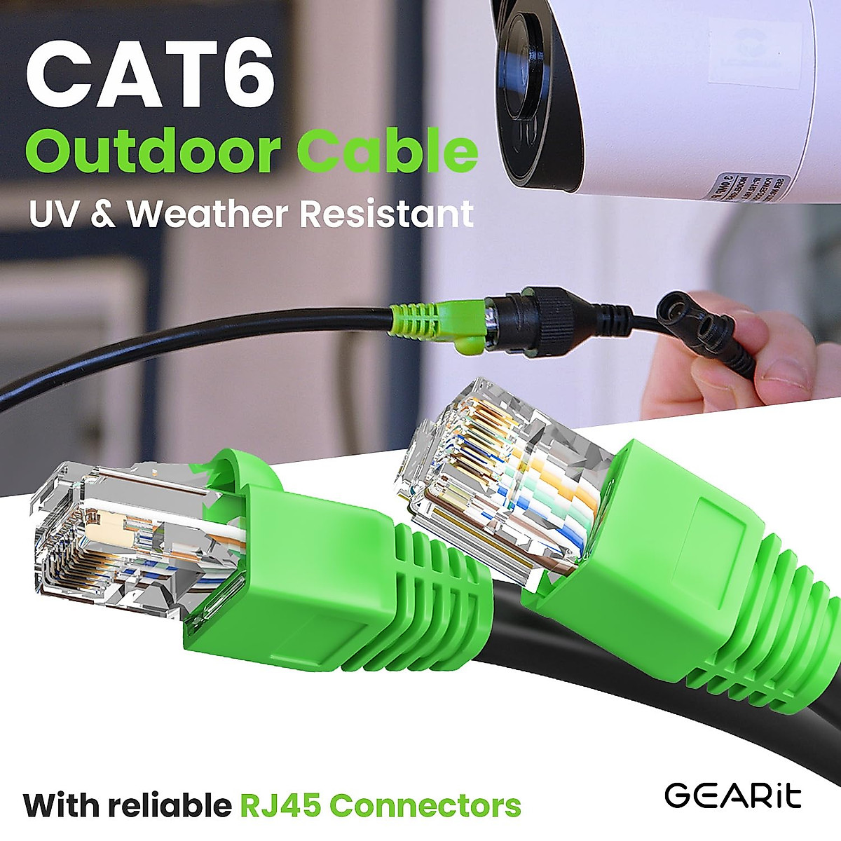 GearIT RJ45 Cat-6 Ethernet Patch Cable, 10Gpbs Transfer Speed, Gold-Plated Connectors, Copper Clad, Outdoor, UV Resistant, Direct Burial, Waterproof, Durable, 150 Foot (45.7 Meters), Black