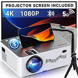 Projector with WiFi and Bluetooth , 5G WiFi, Native 1080P/12000L Video Projector with Screen, 4K Support Outdoor Projector, 350'' Display Phone Projector with Carry Bag for iPhone,TV Stick, Mac