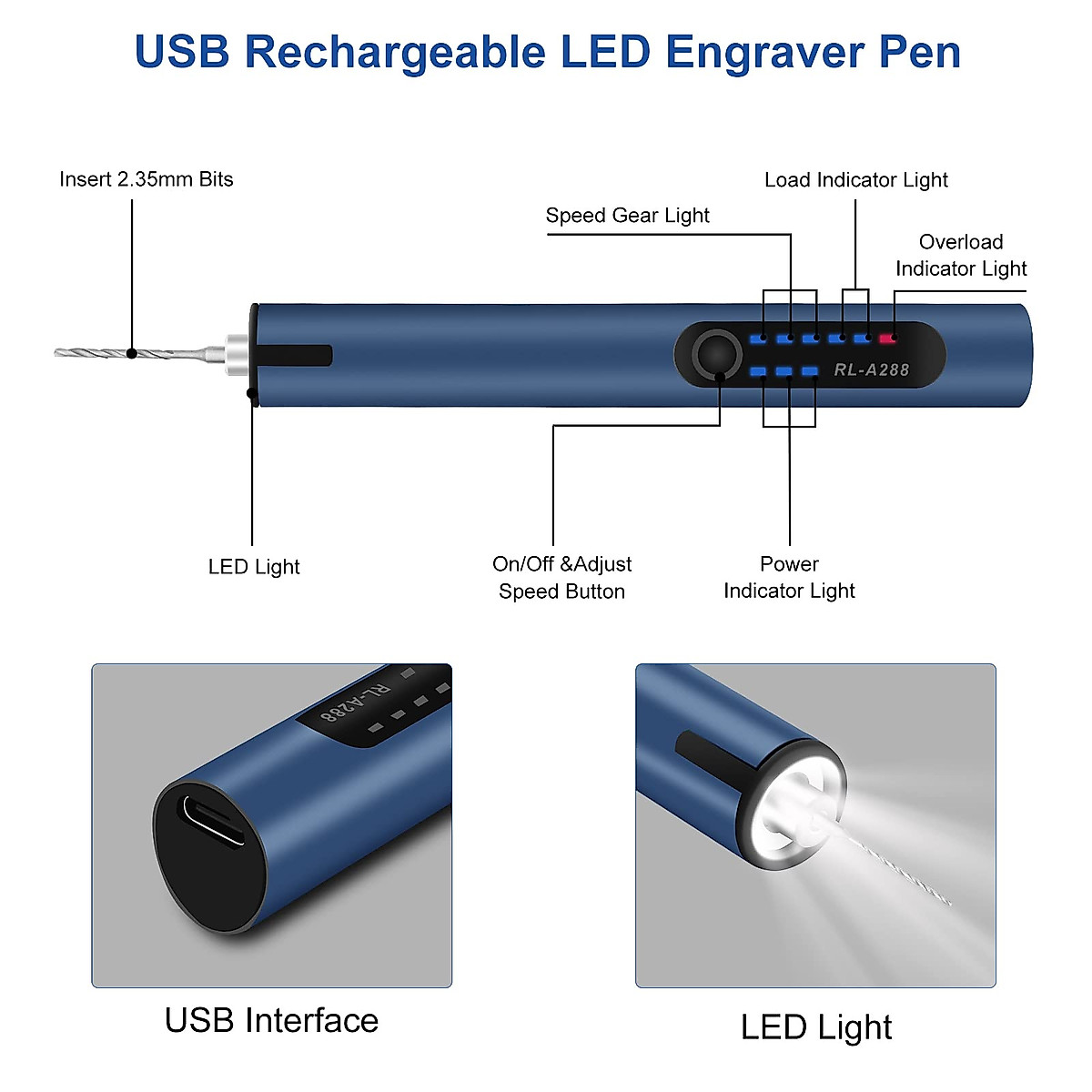 Engraving Pen with LED Light,USB Rechargeable Engraver Pen with 35bits,Mini Electric Engraving Machines Etching Pen Cordless Handheld Etcher Engraver Tool for DIY Jewelry Metal Wood Stone Glass (Blue)