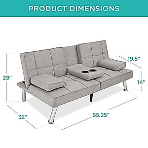 Best Choice Products Linen Upholstered Modern Convertible Folding Futon Sofa Bed for Compact Living Space, Apartment, Dorm, Bonus Room w/Removable Armrests, Metal Legs, 2 Cupholders - Light Gray
