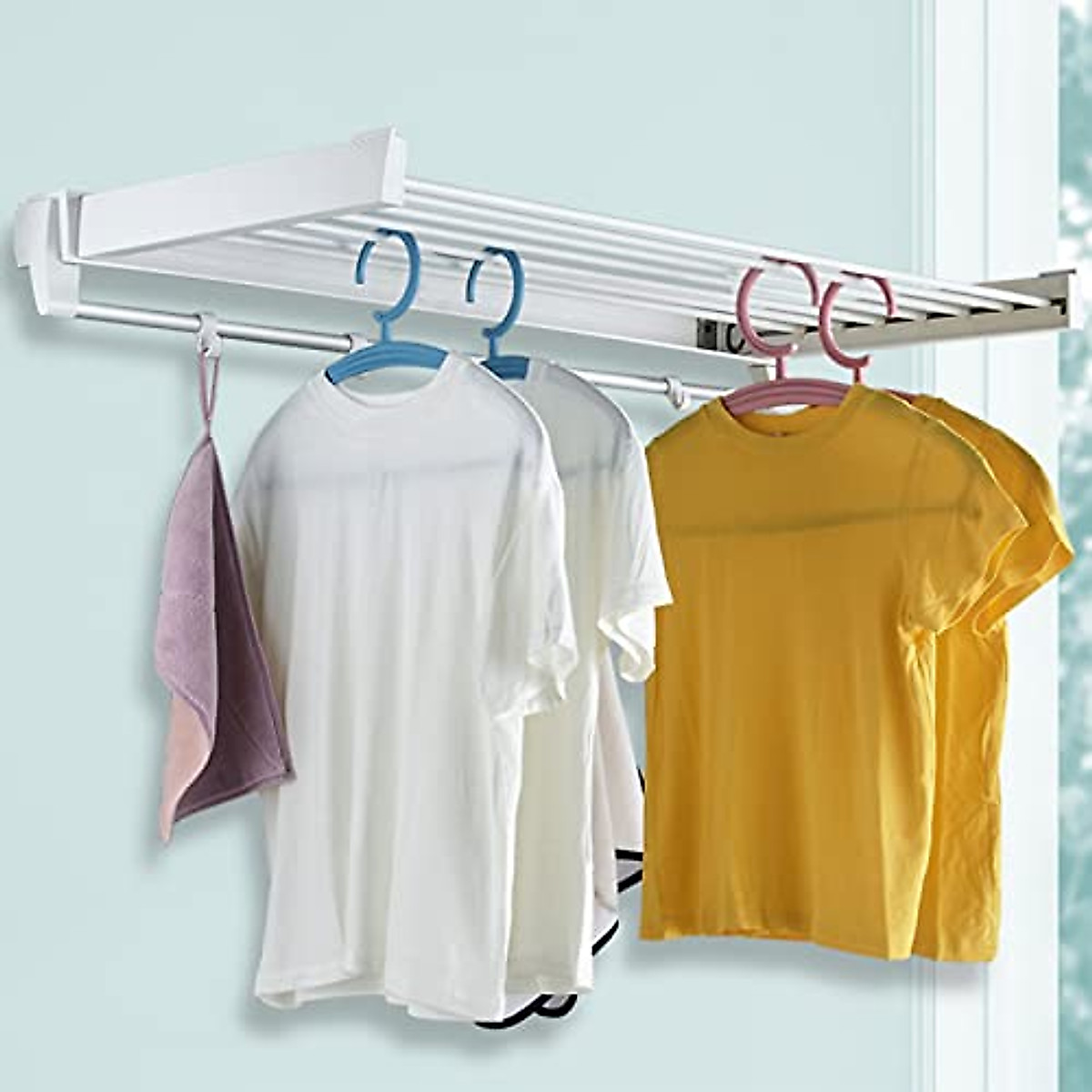 GNJINX Collapsible Wall Mounted Clothes Laundry Drying Rack - 7 Drying Rods with Towel Bar and Hooks, Space-Saver for Bedrooms Bathrooms Laundry Room Patios and Balcony - Easy to Install, White
