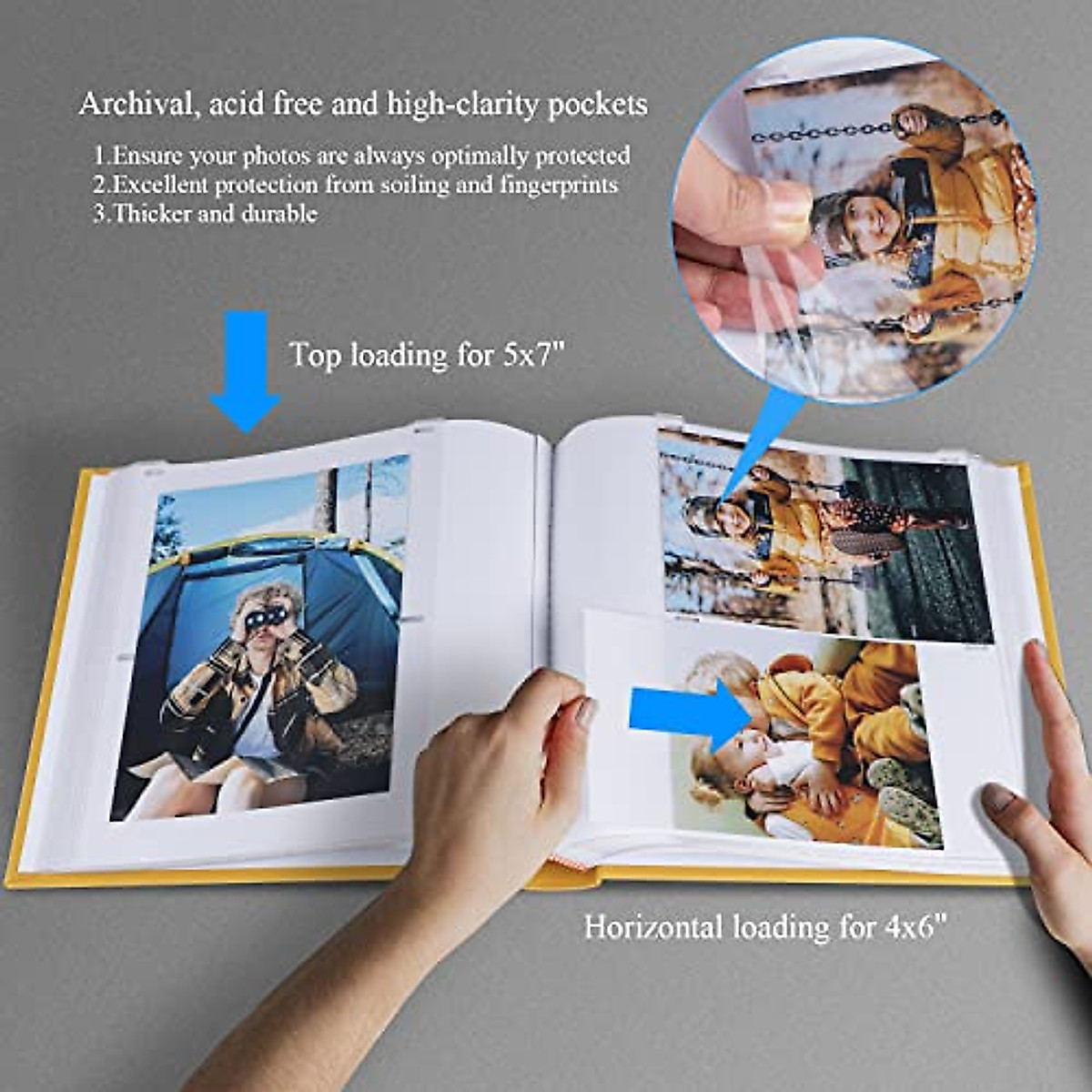 1DOT2 Photo Album with Writing Space 50 Pages 4x6 Photos Hold 200 or 5x7 Picture Hold 100, Linen Cover Acid Free Pages Picture Photo Book with Memo for Family Anniversary Wedding Baby (Indian Yellow)