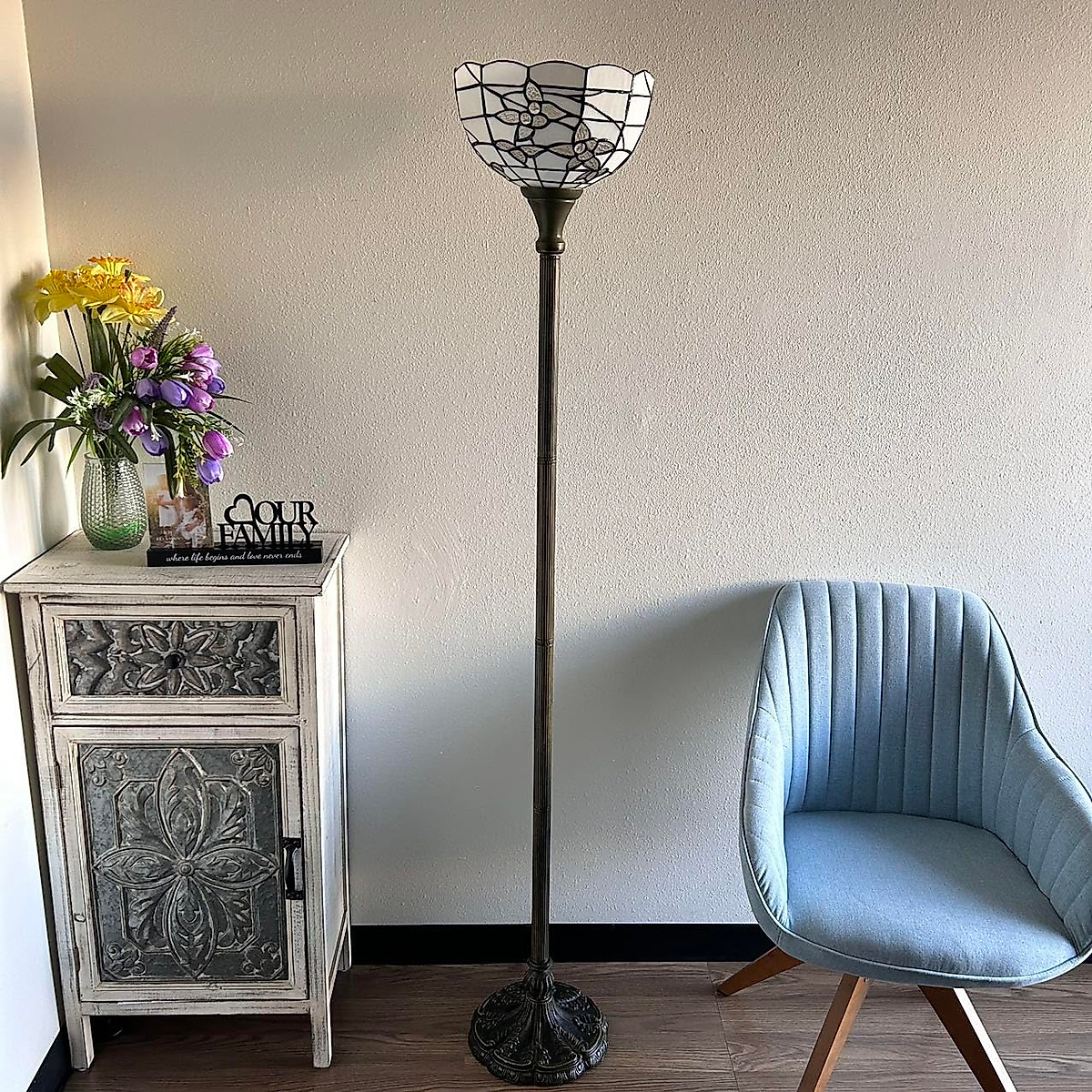 enjoy decor lamps Tiffany Torch Floor Lamp White Stained Glass Flowers LED Bulb Included for Living Room Dining Room Bedroom 12" W*12" D*66" H