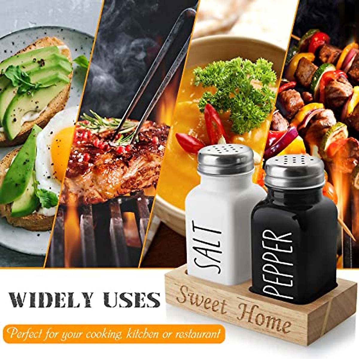 Salt and Pepper Shakers Set with Holder - Dopeca Glass Salt Shaker with Wood Caddy for Kitchen Counter or Table - Black and White Kitchen Decor and Wedding Gifts -2.7 oz