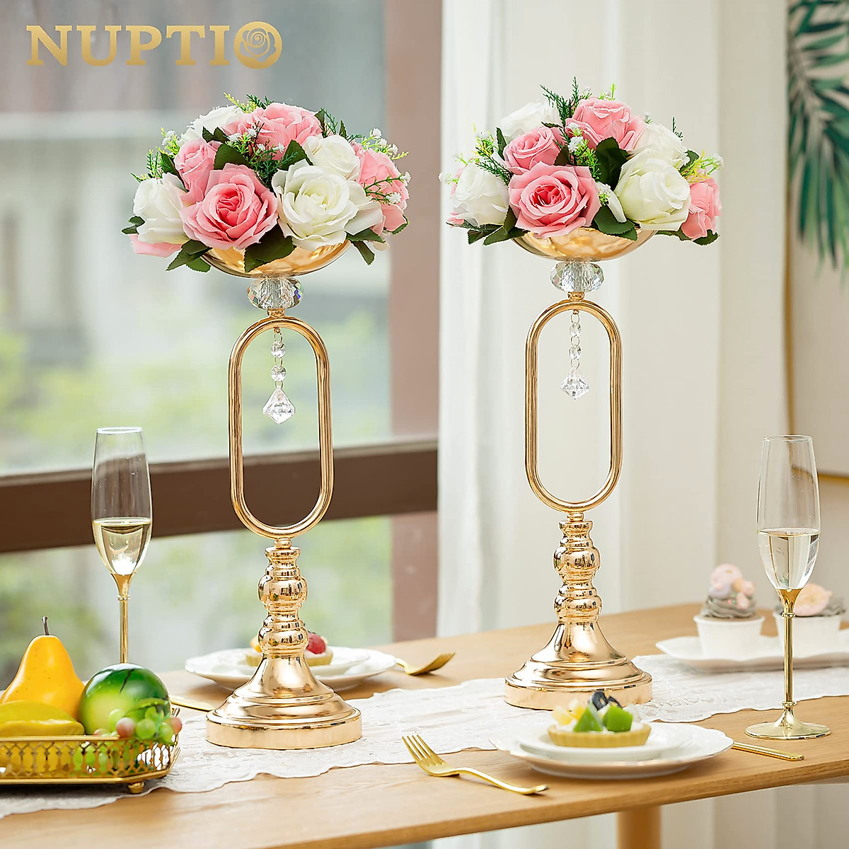 NUPTIO Pcs of 10 Fake Flower Ball Arrangement Bouquet,15 Heads Plastic Roses with Base, Suitable for Our Store's Wedding Centerpiece Flower Rack for Parties Valentine's Day Home Décor (Pink & White)