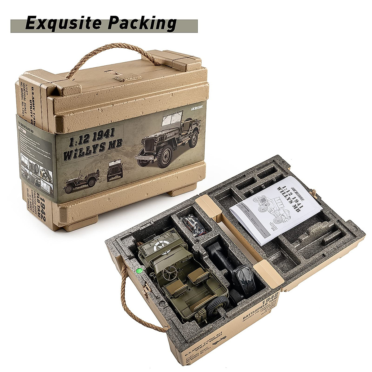 WOWRC RocHobby 1/12 1941 MB Scaler RC Jeep, 4x4 Hobby Grade RTR RC Car Mini RC Rock Crawler Military, 2.4Ghz RC Truck with 180 Brushed Motor, LED Lights, Battery and USB Charger for Adults