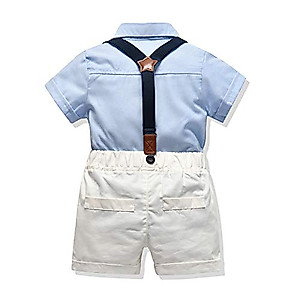 Carlstar Little Boys Gentleman Outfit Suits,Baby Boys Short Pants Set,Short Sleeve Shirt+Suspender Pants+Bow Tie 4Pcs (Blue, 2-3T/90)