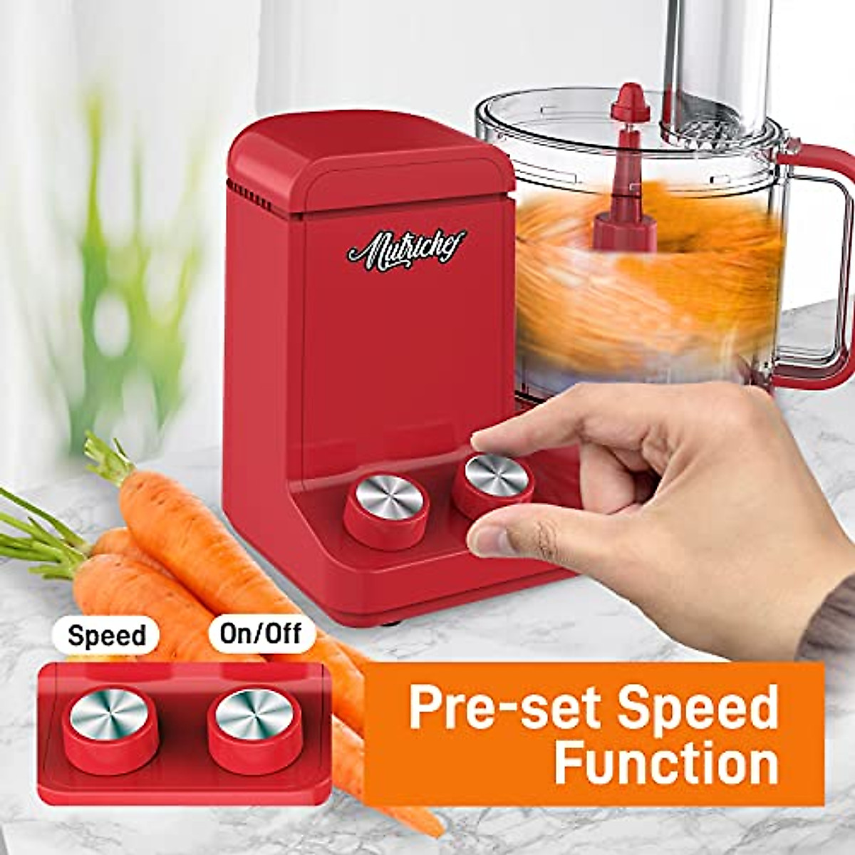 NutriChef NCFPRED Multifunction Food Processor-Ultra Quiet Powerful Motor, Includes 6 Attachment Blades, Up to 2L Capacity (Red), One Size
