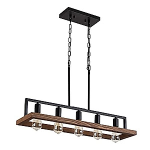 Fivess Lighting 5-Light Rustic Wood Kitchen Island Lighting,Oak Wood and Metal Linear Chandelier,Retro Industrial Pendant Light Fixture for Kitchen Island Dining Room Farmhouse,Black