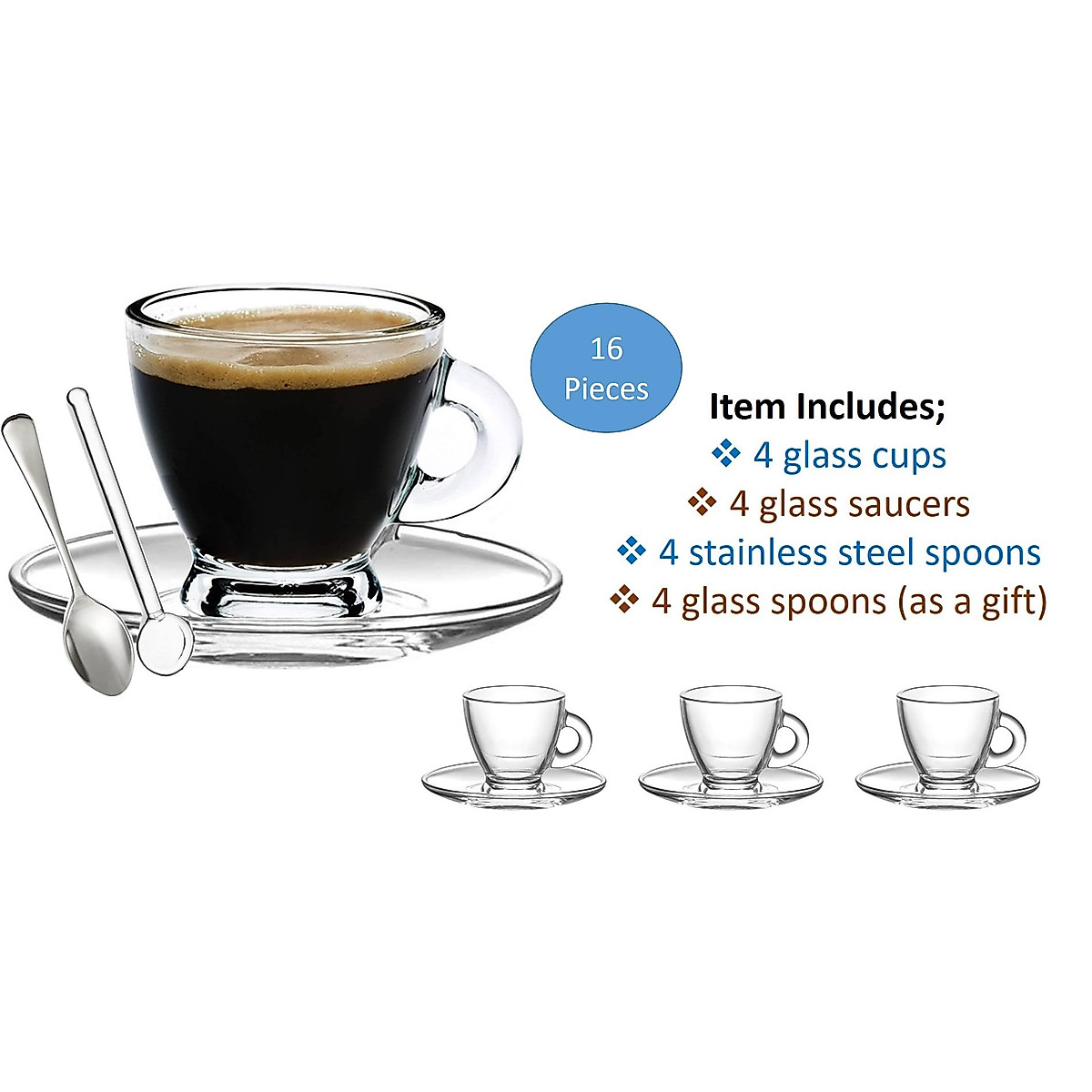 BOHEM'S Espresso Cups, 3.2 oz Small Demitasse Clear Glass Espresso Drinkware, Set Of Cups, Saucers and Stainless Steel mini Spoons + Free Glass Spoons (set of 4)