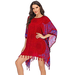 Padaleks Women's Boho Floral Silky Vintage Loose Dress Top Casual Crew Neck Baggy Kaftan Dresses Beach Cover up
