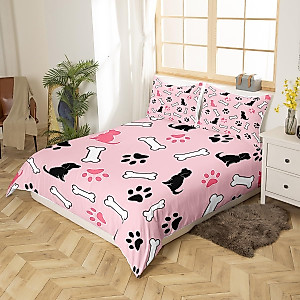 Castle Fairy Cute Dog Pattern Bedding Set,Pink Black White Comforter Cover Set for Teens Women Room Decor,Dog Paw Print Duvet Cover Breathable Kawaii Animals Bedspread Cover Full Size