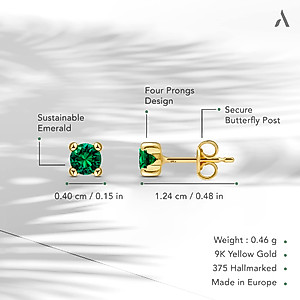 Amberta Allure Women 9 Ct Yellow Gold Synthetic Gemstone Stud Earrings: Simulated Emerald 4 mm Stone