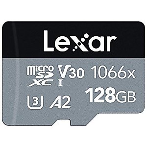 Lexar Professional 1066x 128GB microSDXC UHS-I Card w/ SD Adapter, C10, U3, V30, A2, Full HD, 4K UHD, Up To 160MB/s Read, for Action Cameras, Drones, High-End Smartphones, Tablets (LMS1066128G-BNANU)
