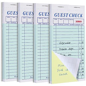 4 Pack Server Note Pads, Double Part Guest Check Books for Servers, Waitress Notepad for Restaurants Food Order, 100 Sheets/Pad, Carbon Copy for Guest Checks
