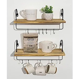 Godimerhea Floating Shelves with Hooks, Set of 2 Rustic Wall Mounted Wooden Decorative Storage Shelves with Towel Rack for Coffee Bar, Kitchen, Living Room（Brown）
