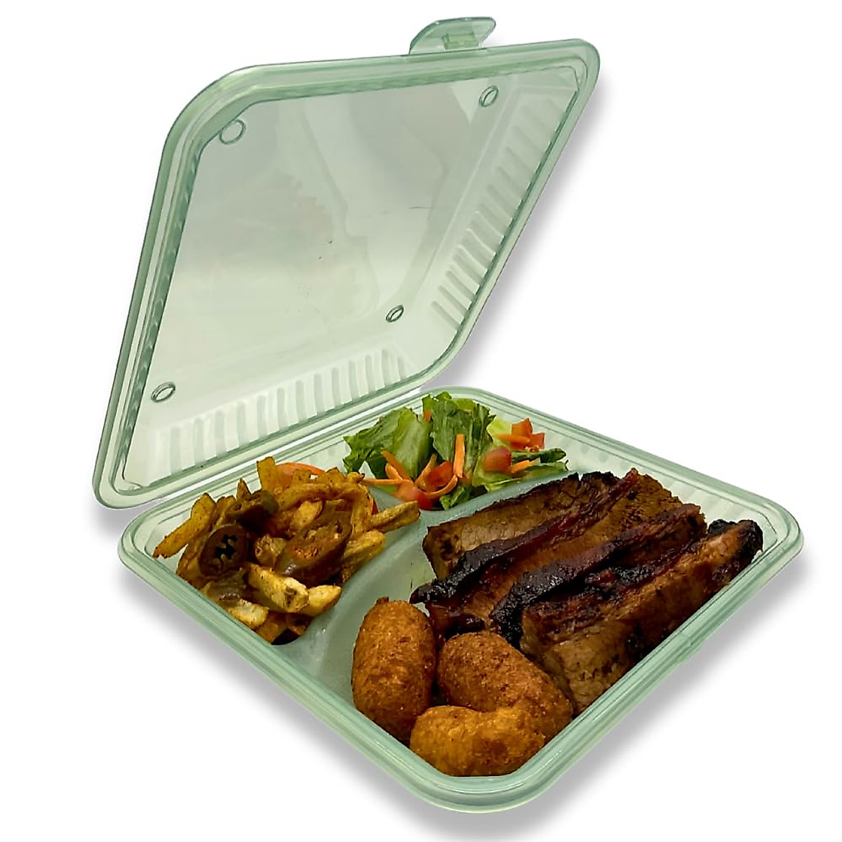 FSE Reusable to Go Take Out Container, 3-Compartment, BPA Free, 9" x 9" x 2.5", Green, Ideal for Meal Prep, Microwave and Dishwasher Safe
