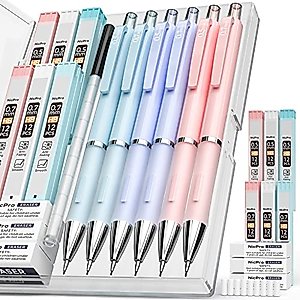 Nicpro 6 PCS Pastel Mechanical Pencil 0.5 & 0.7 mm for School, with 12 tubes HB Lead Refills, 3 Erasers, 9 Eraser Refills For Student Writing,Drawing,Sketching, Blue & Pink & Violet Colors - With Case