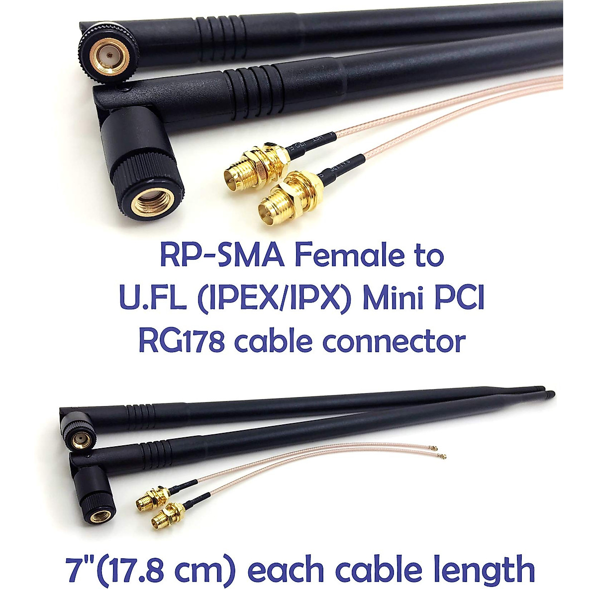 Set of 2 Omni-Directional Wi-Fi Long Range Dual Band 9 Dbi Antenna 2.4/5Ghz 802.11n/b/g and 2 RF U.FL Mini PCI to RP-SMA Female Pigtail Antenna Wi-Fi Cable (Kit for Routers, mini PCIe Cards)