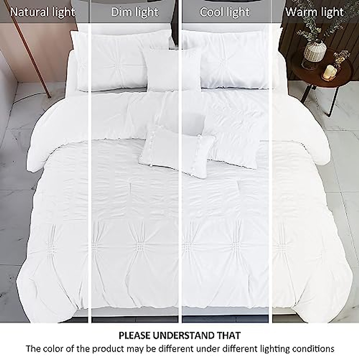 JML California King Comforter Set, 7 Piece Pinch Pleat Bed in a Bag Set with Shams and Decorative Pillows - Luxury Pintuck Microfiber Down Alternative Bedding Comforter Sets,White