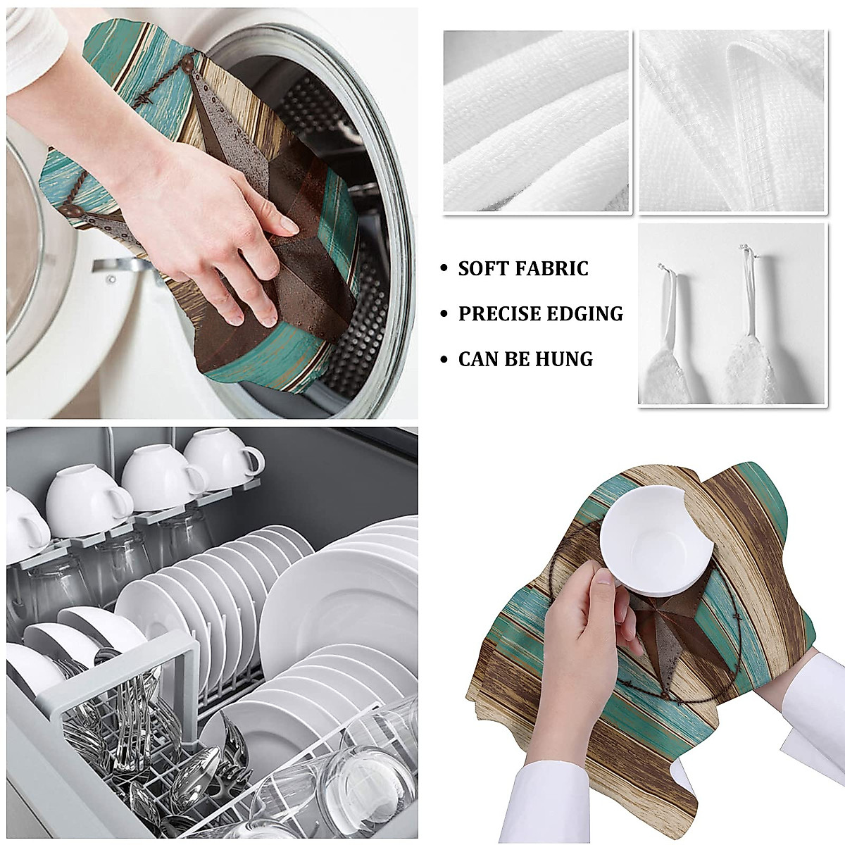 Western Texas Star Wooden Board Kitchen Towels, Set of 3 Hand Drying Towel, Soft Absorbent Multipurpose Cloth Tea Towels for Cooking Baking, Retro Vintage Washable Dish Towels Cloth 18x28 Inch