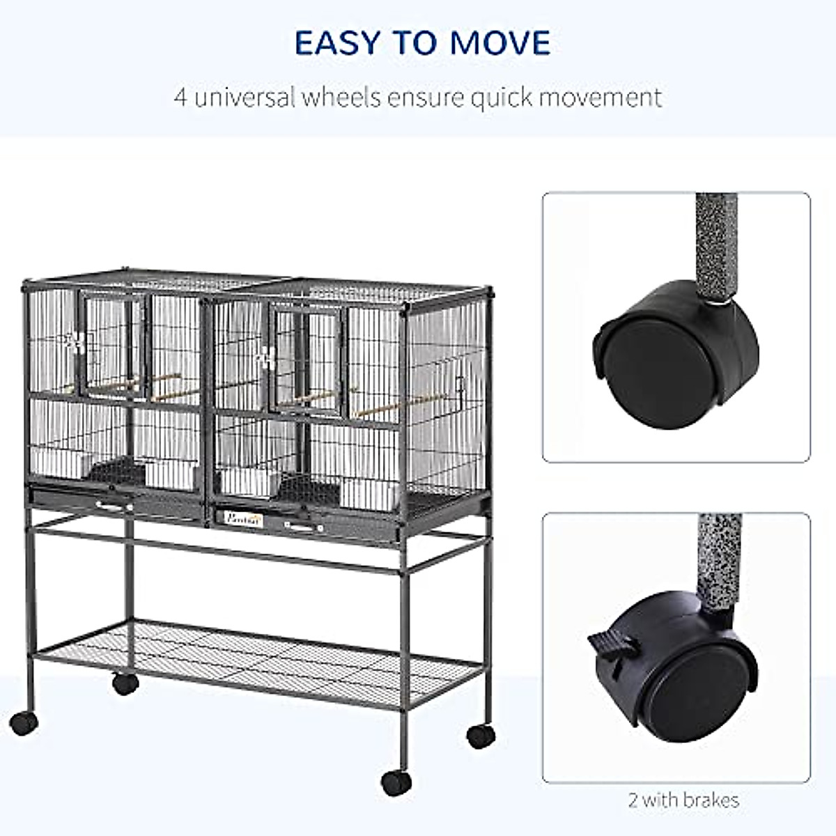 PawHut Divided Breeder Bird Cage with Rolling Stand Removable Metal Tray, Storage Shelf, Wood Perch, and Food Container