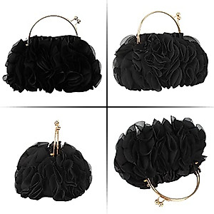 Women Rose Clutch Purse Satin Floral Evening Bag Wedding Party Top-handle Handbag (Black)