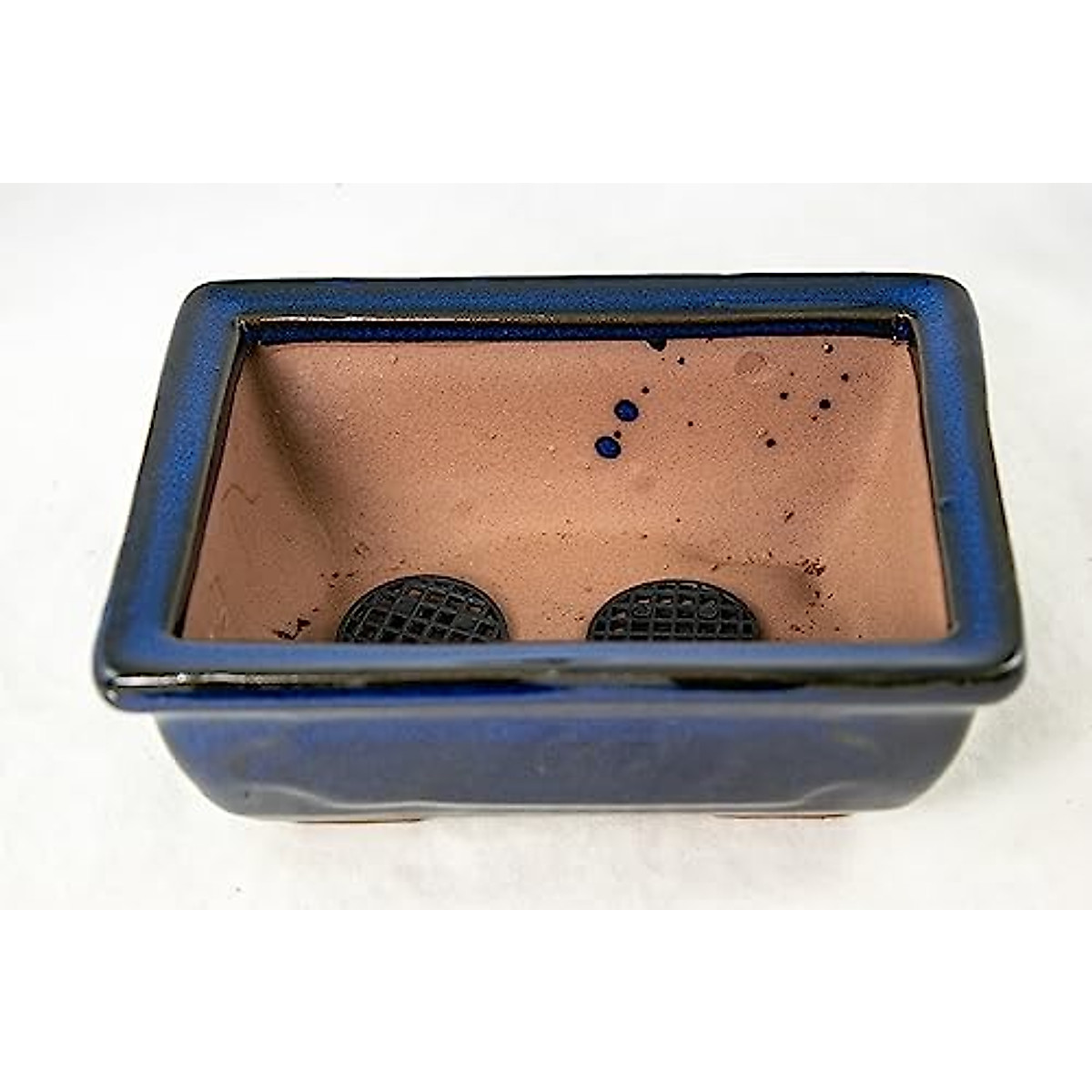 Rectangular Blue Glazed Cactus & Succulent Planter, Bonsai Pot + Mesh + Wire - 6"x 4.5"x 2.25"