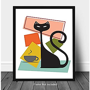 Mid Century Modern Atomic Cat & Coffee Cup Wall Art Print - 11x14 Unframed Abstract Decor. Shades of Mustard Yellow, Black, Moss Green, Pink, Orange & Aqua on White. Print No.16