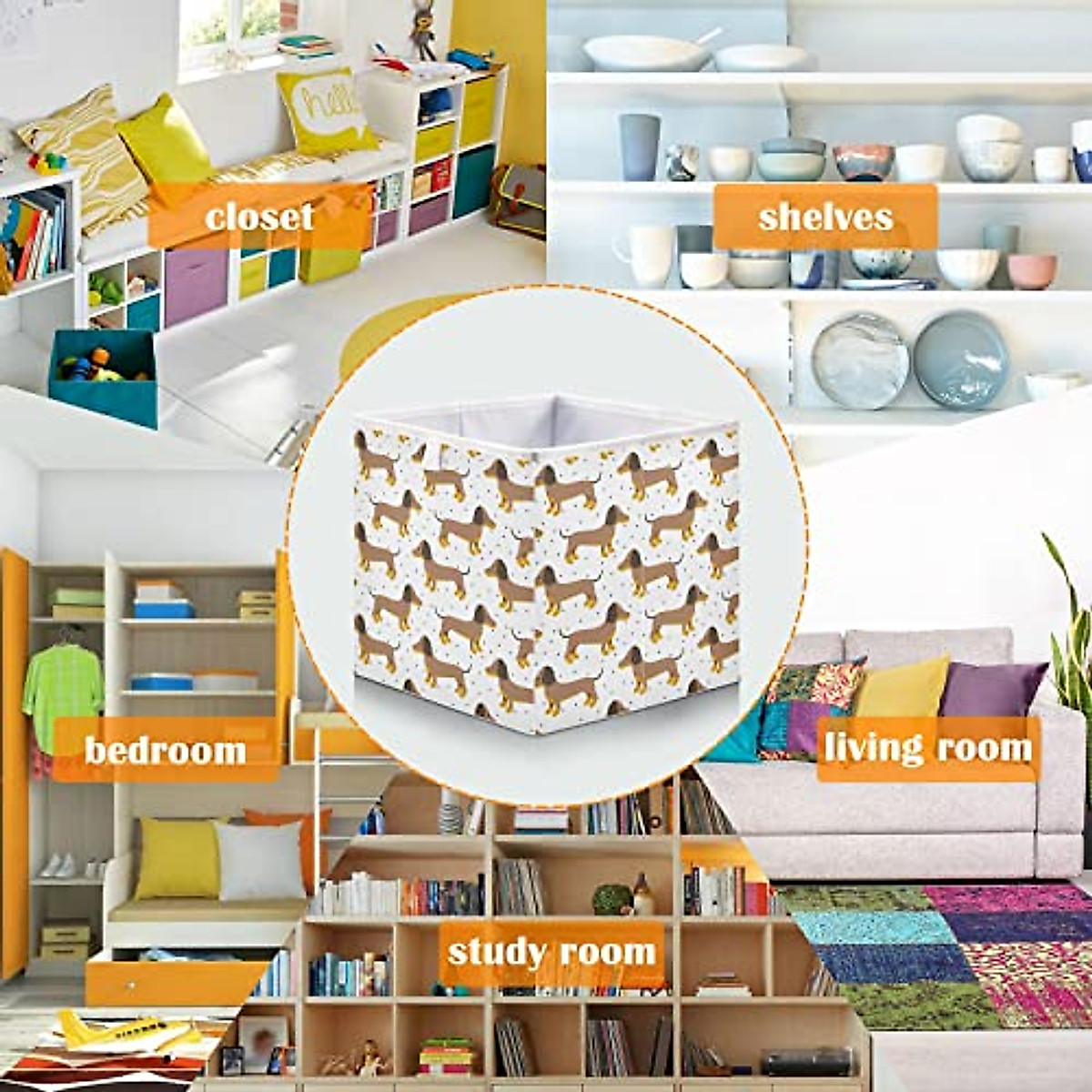 susiyo Brown Dachshund Large Foldable Open Storage Bins Storage Cubes Organizer for Home Office Closet Nursery Toys Towels (Square-11.02x11.02x11.02in)