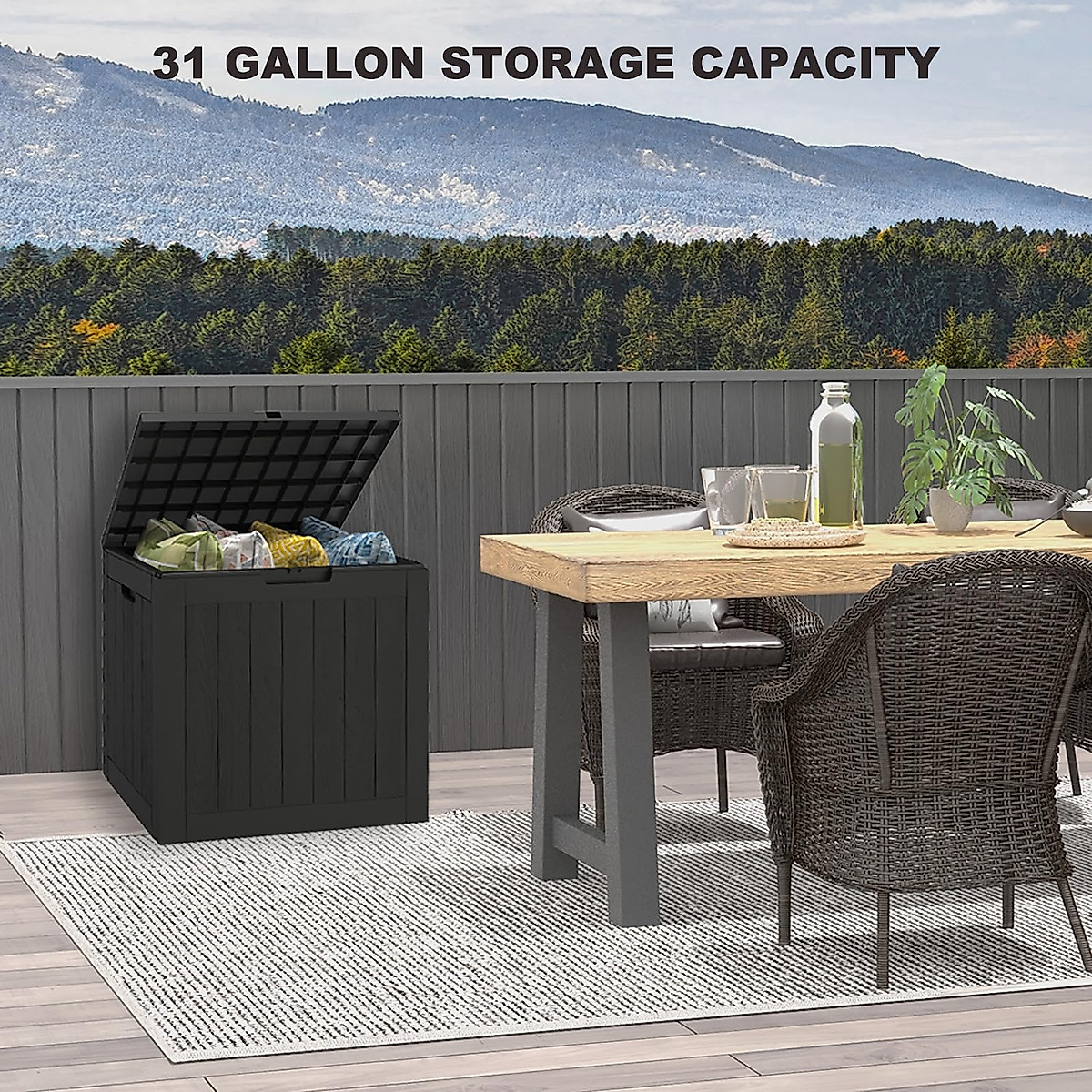 Mars Villa Deck Box, 31 Gallon Resin Indoor and Outdoor Storage Box Waterproof for Patio Furniture Cushions, Pool Supplies, Gardening Tools, Weatherproof and UV Resistant (Black)