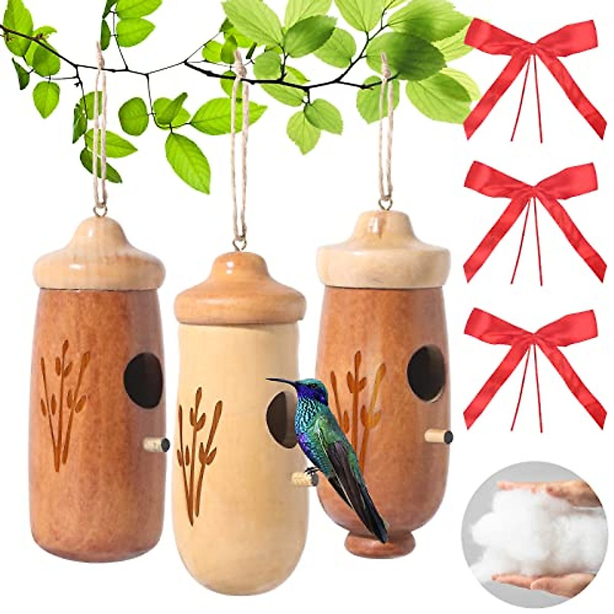 Lezmarket Hummingbird House, 3 Shapes Hummingbird Houses for Outside Hanging for Nesting, Boxwood Hummingbird Nest with Nesting Material & Red Ribbon, for Garden Decoration Wild Bird Conservation.