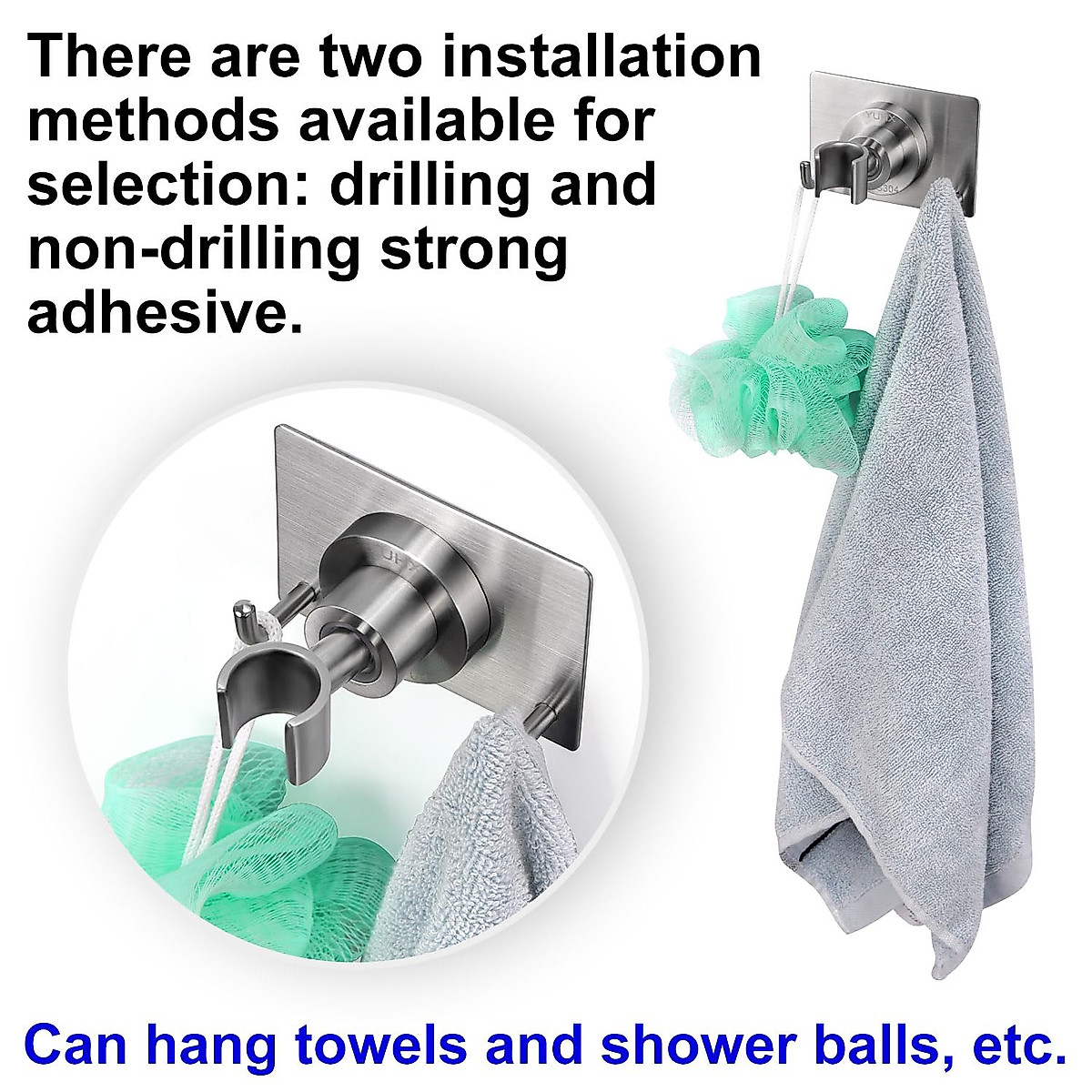Shower Head Holder All Metal Strong Adhesive and Drilling Screws Two Installation Methods, Adjustable Handheld Shower Head Mount,Stainless Steel Hand held Showerhead Wand bracket