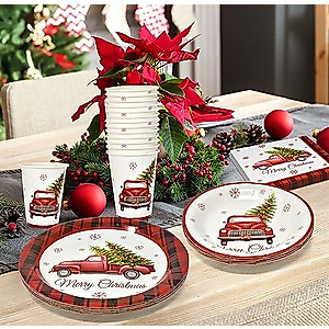 Gift Boutique Christmas Red Truck Party Supply Table Set 24 9" Dinner Plate 24 7" Plate 24 9 Oz Cups 24 Lunch Napkin for Xmas Pickup Trucks with Tree & Buffalo Plaid Disposable Paper Dinner Décor