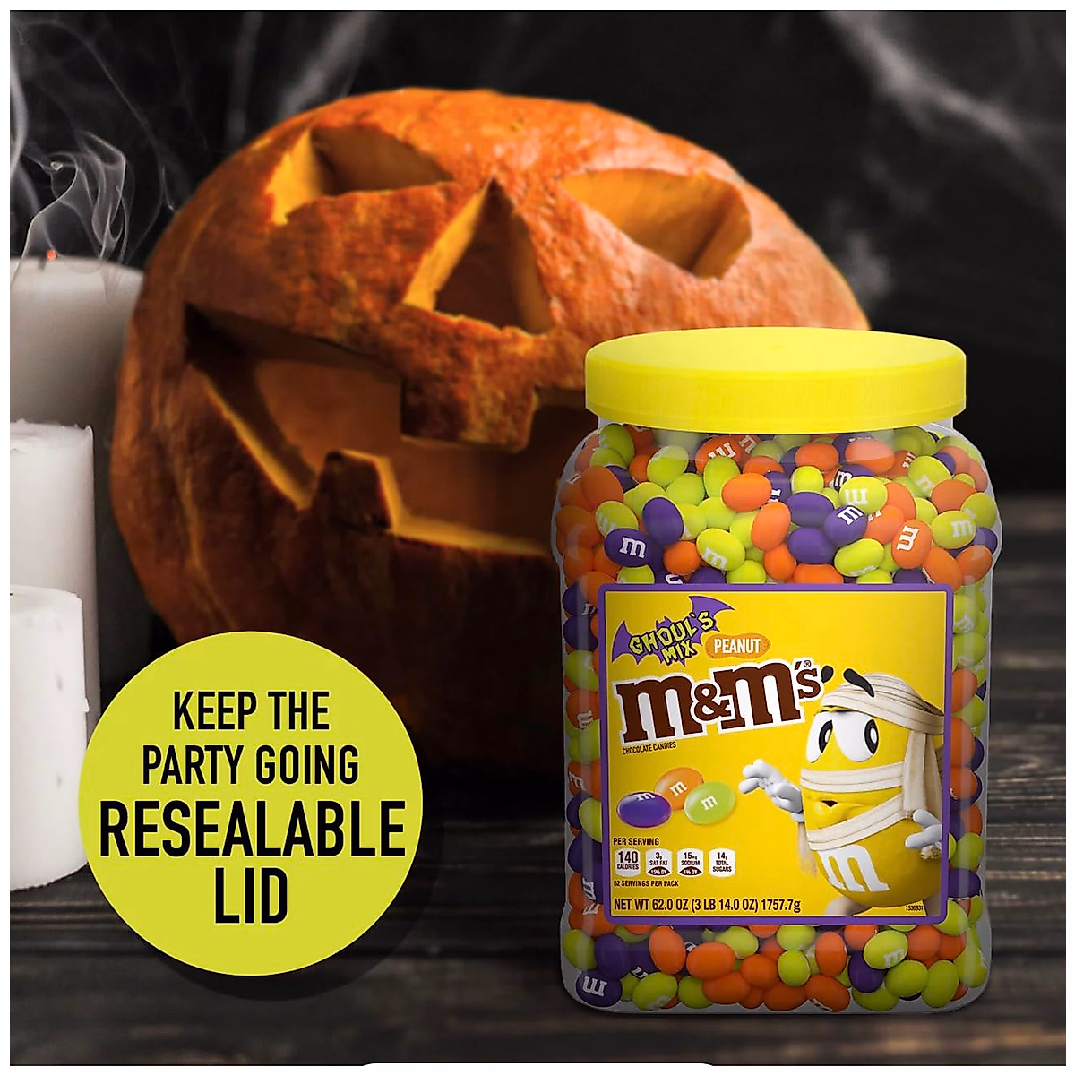 M&M'S Peanut Ghoul's Mix Bulk Chocolate Halloween Candy Resealable Jar (62 oz.) | Delicious Roasted Peanut Center Coated in Real Milk Chocolate | INCLUDES SameDay Shippers Branded Bag Clig and Treat Bag