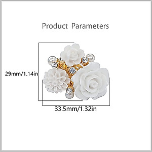 CZ Three White Flower Pearl Open Band Ring for Women Girls Gold Plated Cubic Zirconia Imitation Pearls Resin Rose Flowers Statement Adjustable Expandable Finger Rings Comfort Fit Christmas Jewelry