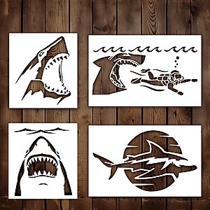 Shark Stencil | Sealife Ocean Animals Fish Sea Creatures Multipack Set Stencils for Painting on Wood, Glass, Wall, Rock, Fabric, Walls, Canvas, Glassware | Shark Stencil Template
