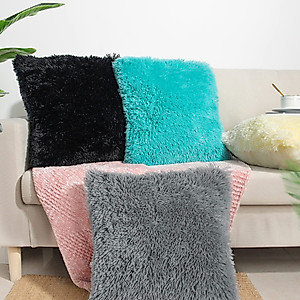 TOONOW Set of 2 Decorative Throw Pillow Covers 18x18, Black Fluffy Pillow Covers New Luxury Faux Fur Square Sofa Pillow Covers for Sofa Couch Living Room Bedroom, No Pillow Insert