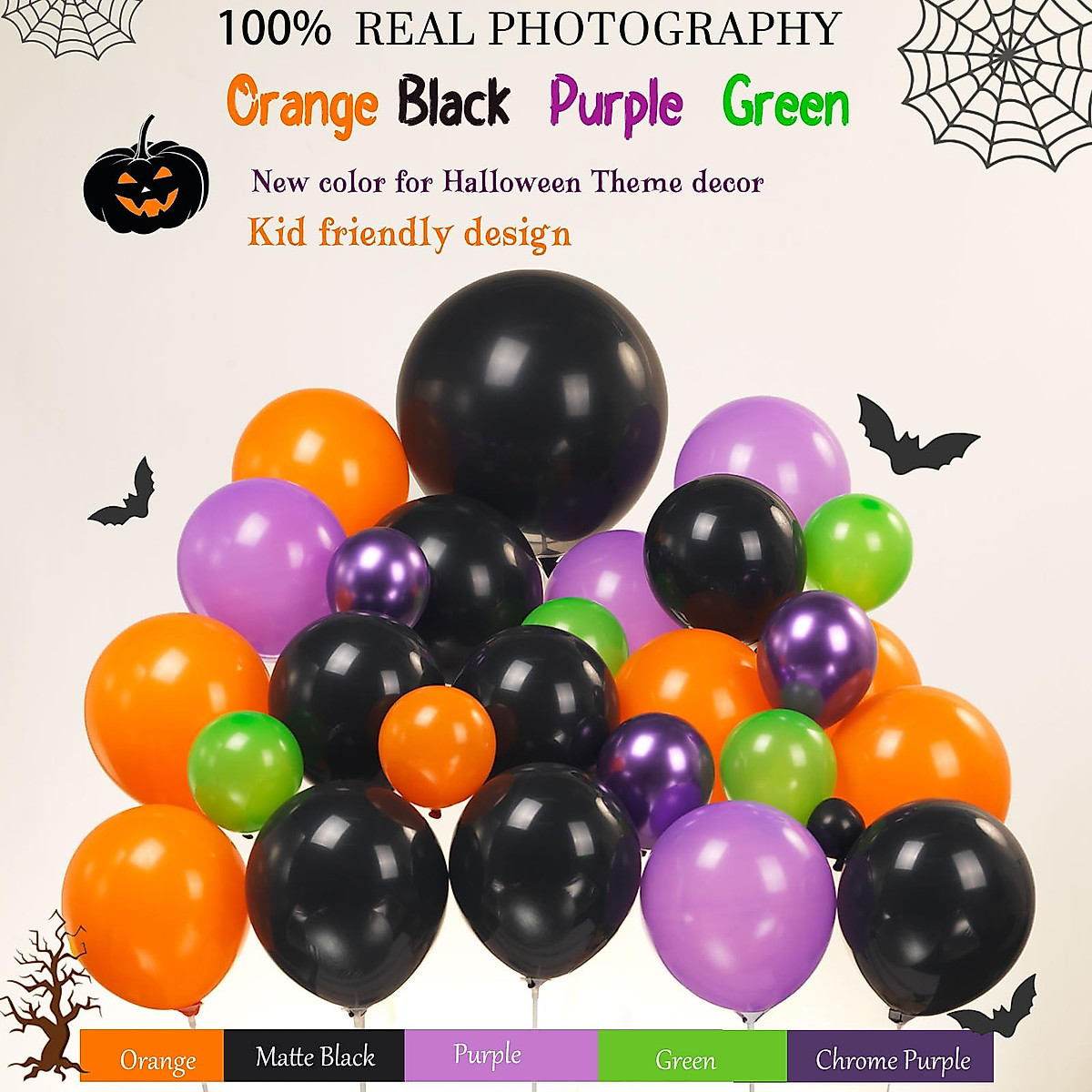 Halloween Balloon Garland Arch Kit 170pcs Orange and Black Purple green balloons with Spooky Spider Bat Pumpkin foil Balloons for fall Halloween Party Decorations