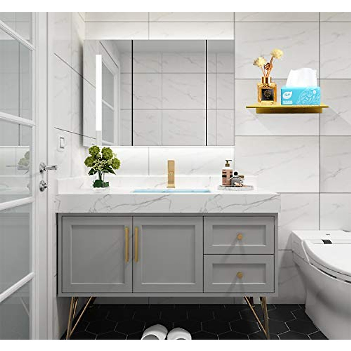 SinLoon 7.8 Inch Small Shelf in Flat Satin Aluminum Bathroom Shelf Wall Mount for Small Speaker Smartphone, Tablet, Toiletries(7.8in Gold)