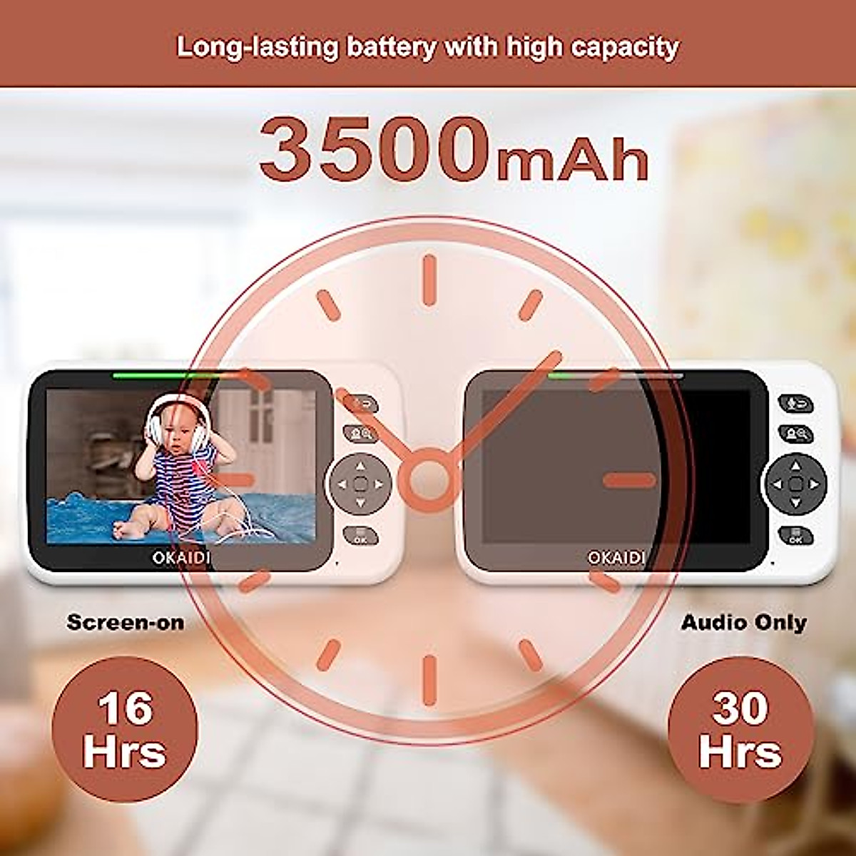 OKAIDI Video Baby Monitor with Camera and Audio, 5" Display Baby Monitor No WiFi, 30H Battery and 1000ft Range Baby Monitor, Remote Pan-Tilt-Zoom Baby Camera, Night Vision, 2-Way Talk, VOX,Temperature