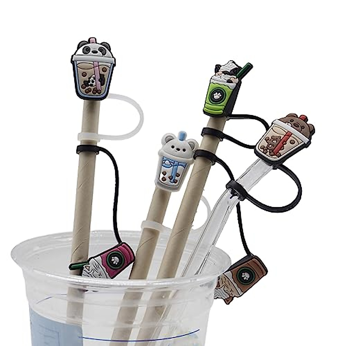 Fepdiu 6pcs Straw Covers Cap for Stanley Cup,6-8mm Cartoon Straw Cover,Reusable Drinking Silicone Straw Covers,Dust Proof Straw Toppers Covers for Stanley Cup Accessories